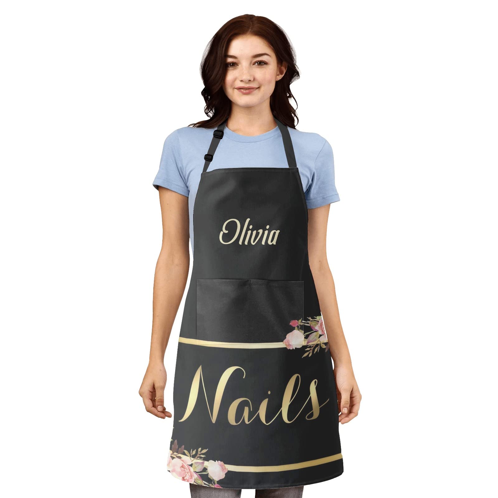 MakeUnique Nail Salon Black Personalized Aprons for Women Men Kitchen Cooking Baking Housework Hairstylist Barber Chef Apron with Pockets, 27.56x31.5 inch