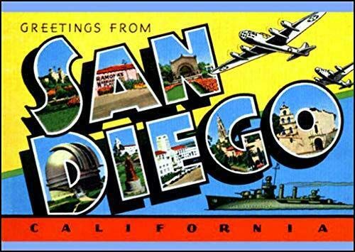 MAGNET 3x5 inch Vintage Greetings from SAN Diego Sticker (Old Postcard Art Logo ca) Magnetic vinyl bumper sticker sticks to any metal fridge, car, signs