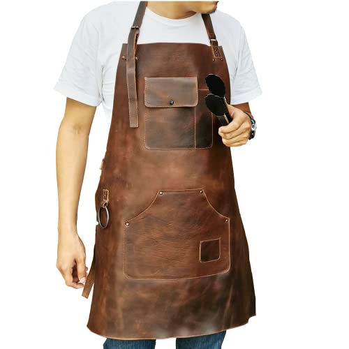 ELW Full Grain Leather Apron-2 Pouch Leather Apron, BBQ Apron, Men and Women's Apron, Kitchen, Cooking, Bartending, Workshop, Blacksmith, Gardening, One Size Fit Adjustable for Men & Women Dark Brown