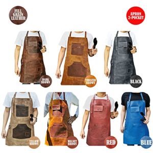 ELW Full Grain Leather Apron-2 Pouch Leather Apron, BBQ Apron, Men and Women's Apron, Kitchen, Cooking, Bartending, Workshop, Blacksmith, Gardening, One Size Fit Adjustable for Men & Women Dark Brown