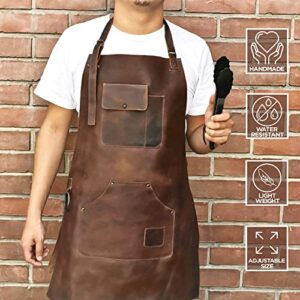 ELW Full Grain Leather Apron-2 Pouch Leather Apron, BBQ Apron, Men and Women's Apron, Kitchen, Cooking, Bartending, Workshop, Blacksmith, Gardening, One Size Fit Adjustable for Men & Women Dark Brown