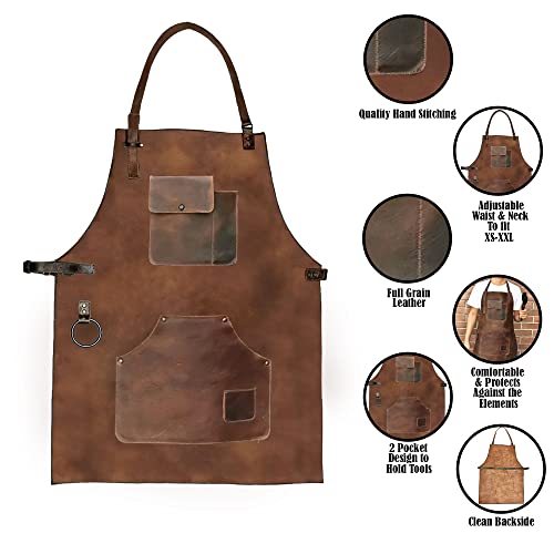 ELW Full Grain Leather Apron-2 Pouch Leather Apron, BBQ Apron, Men and Women's Apron, Kitchen, Cooking, Bartending, Workshop, Blacksmith, Gardening, One Size Fit Adjustable for Men & Women Dark Brown