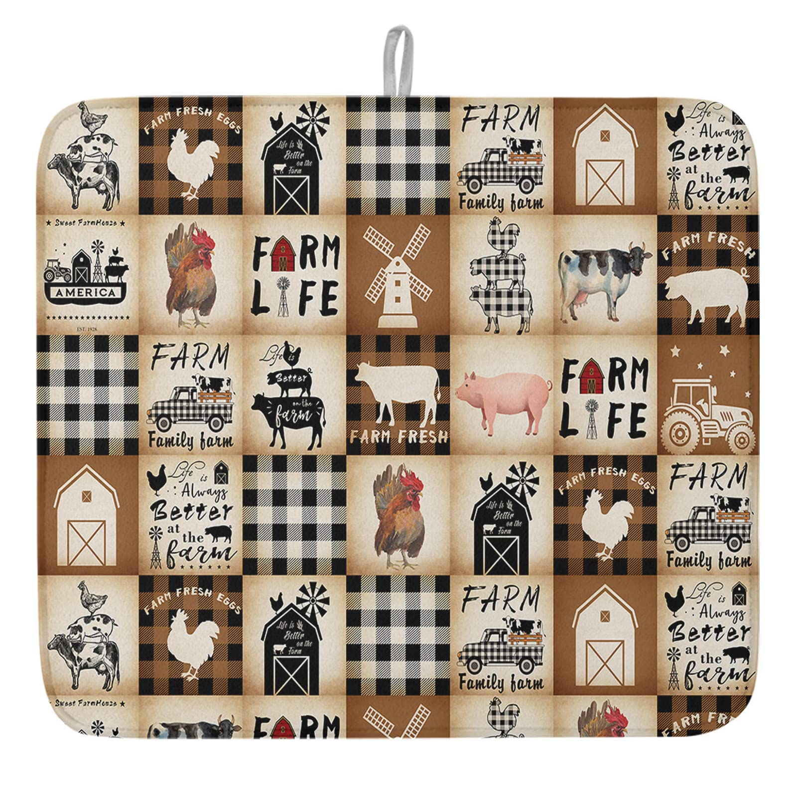 Farm Animals Dish Drying Mat for Kitchen Counter, Farmhouse Rustic Cow Pig Rooster Plaid Baby Bottle Microfiber Drying Pad, Absorbent Coffee Cup Dishes Drainer Mats 18"x24"