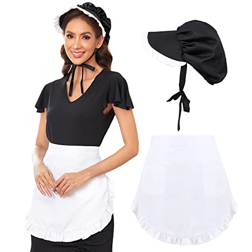 KUOIN Waist Apron Bonnet Set Colonial Apron Cap Ruffle Retro Maid Hat Apron With Pockets Cooking Kitchen Revolutionary Dress Up Cosplay (black)