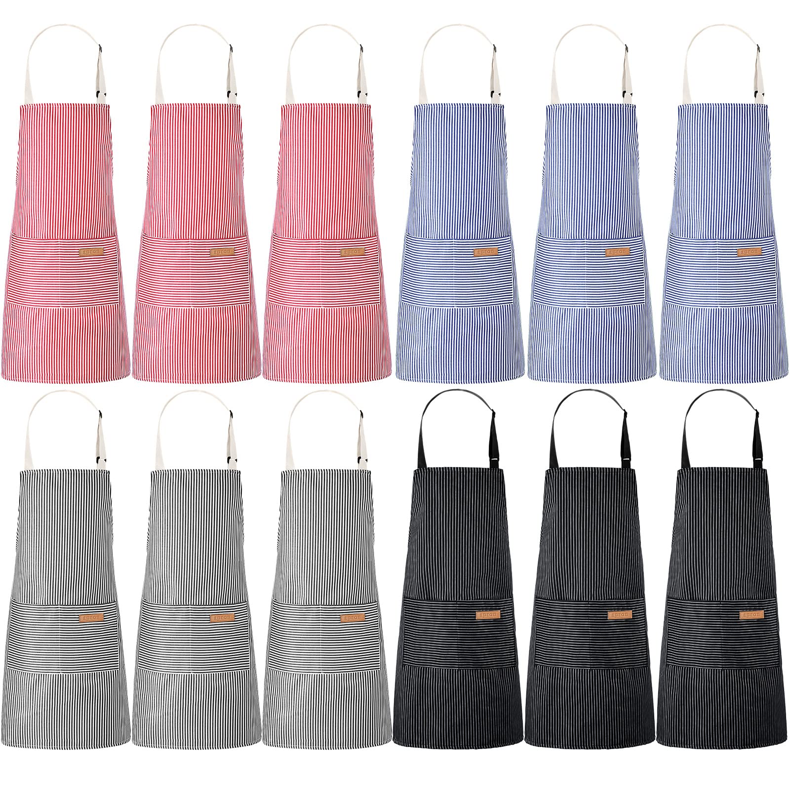 Handepo 12 Pcs Cooking Kitchen Aprons Unisex Soft Chef Kitchen Aprons with Pockets Cotton Polyester Blend Adjustable Bib Aprons for Women Men, Crafting Bbq, Black, Blue, Pink, Grey Stripes