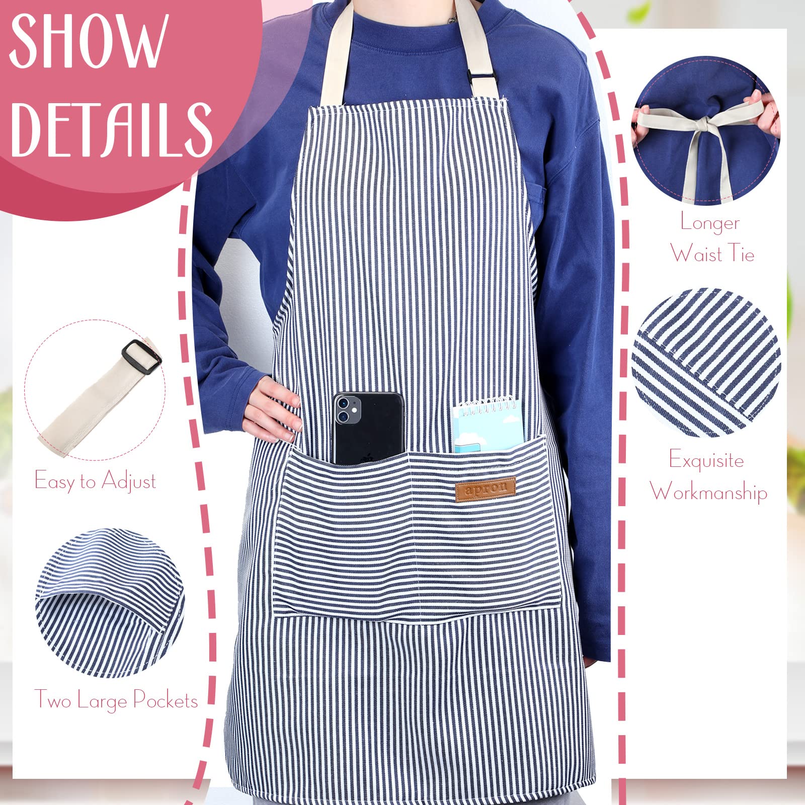 Handepo 12 Pcs Cooking Kitchen Aprons Unisex Soft Chef Kitchen Aprons with Pockets Cotton Polyester Blend Adjustable Bib Aprons for Women Men, Crafting Bbq, Black, Blue, Pink, Grey Stripes