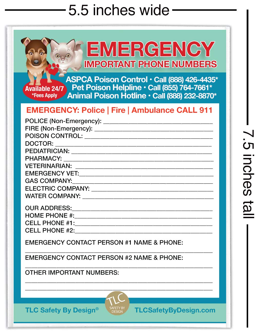 TLC Safety By Design Emergency Contact Fridge List in 5.5” x 7.5” Plastic Cover Magnetic Sleeve Refrigerator Safety Important Phone Call Numbers (Pet Medical ICE, 2 Cards and 1 Magnetic Sleeve)