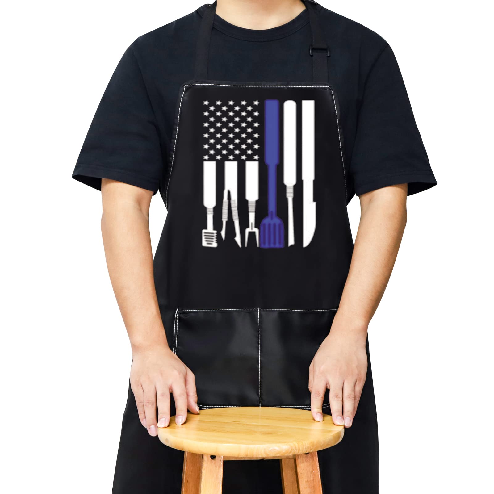 WZMPA USA Flag Thin Blue Line Adjustable Kitchen Apron With Pockets Police Officer Gifts Honor Respect Police Apron (Blue Line apron)