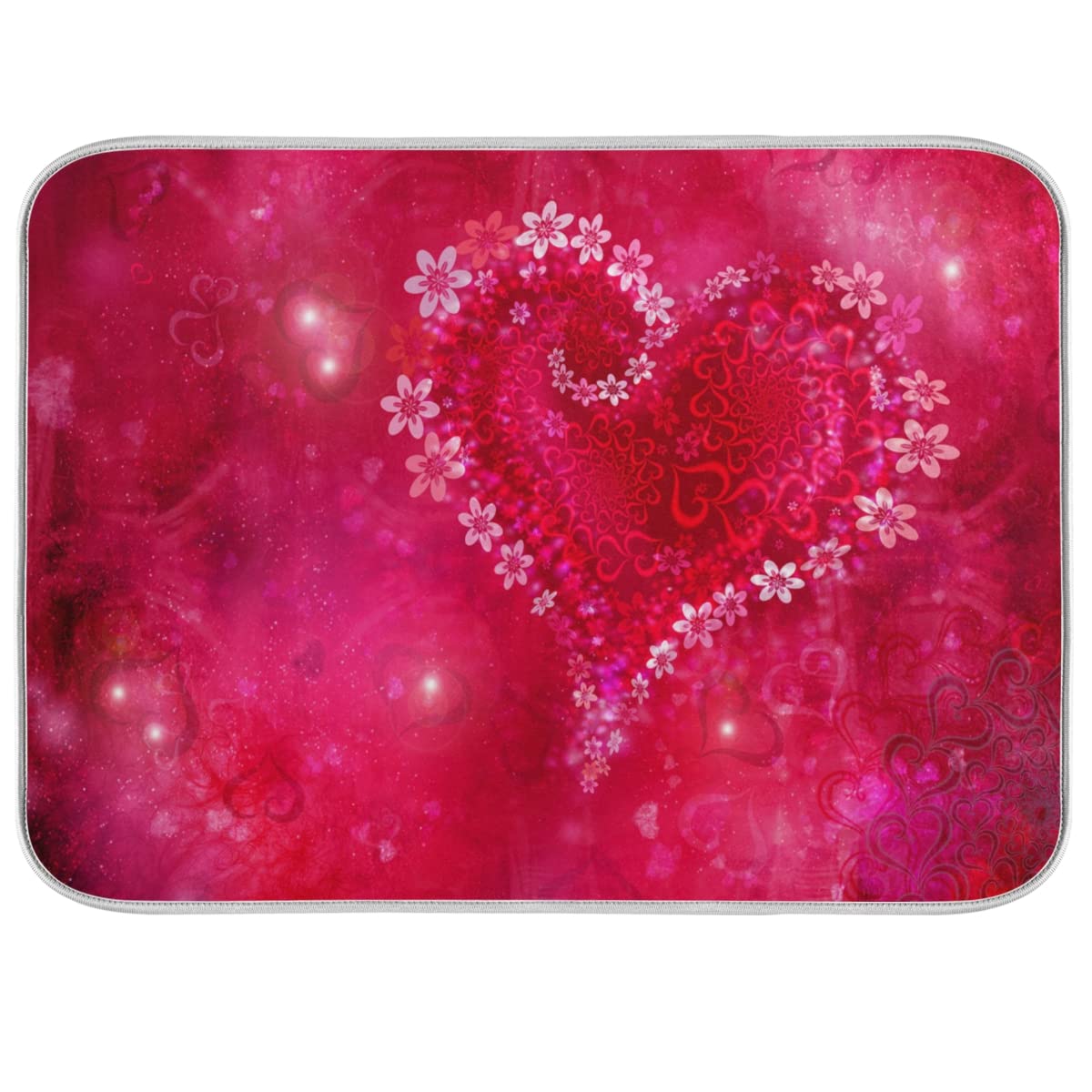 Valentines Day Love Heart Dish Drying Mat, Absorbent Drying Pad Dish Mat Large Kitchen Mat, 16" x 18"