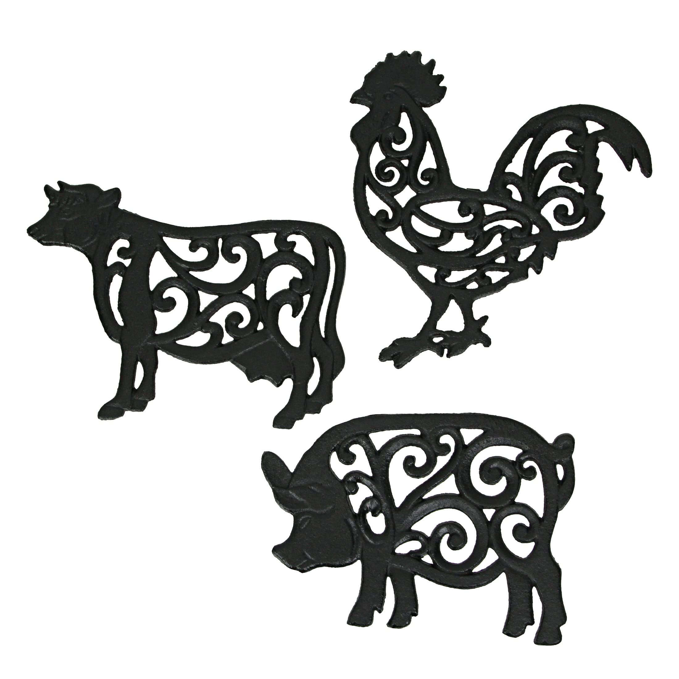 Set of 3 Black Cast Iron Farm Animal Kitchen Décor Trivets Rooster Pig and Cow Decorative Wall Hanging Art 9 Inches Long Farmhouse Style Table Accents