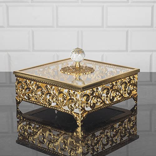 Handmade Napkin Holder for Table, Antique-Looking Fancy Gold Napkin Dispenser for Kitchen, Rustic Metal Napkin Basket with Lid, Square, 7.5 in (Gold)