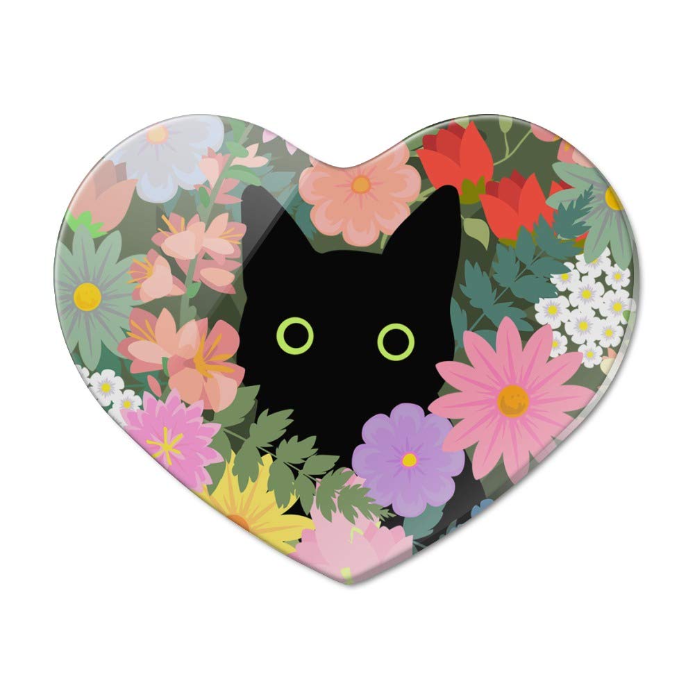 Black Cat Hiding in Spring Flowers Heart Acrylic Fridge Refrigerator Magnet