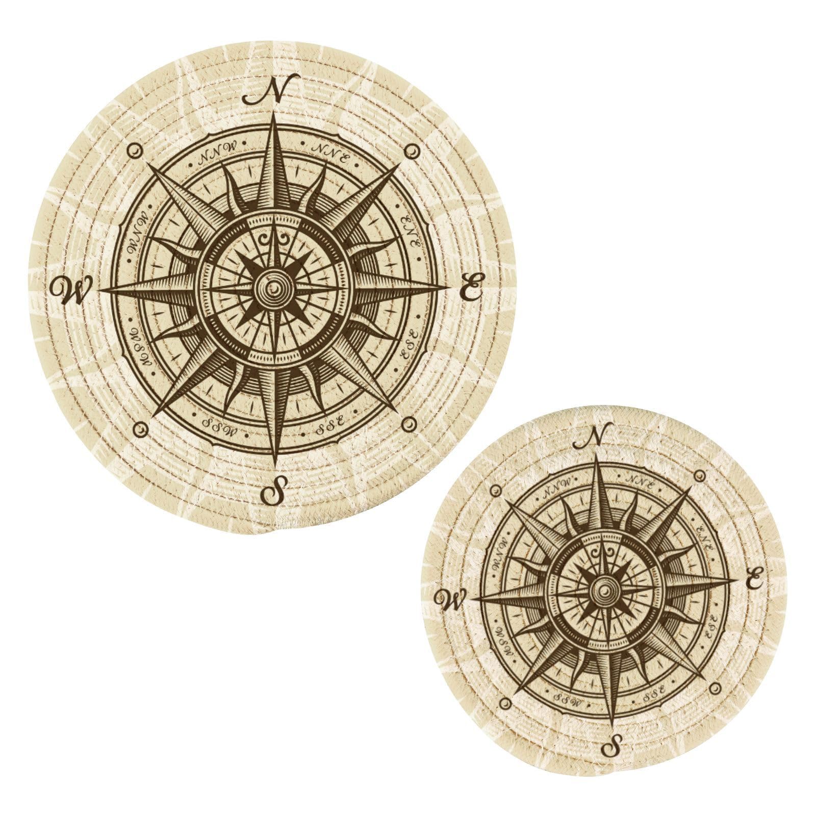 Round Woven Placemats Cotton Trivets Pot Holders 2 Pcs Set for Hot Dishes Hot Pots Pans, Vintage Nautical Compass Rose Kitchen Placemats Coasters Potholders Set Hot Pads Table Mats