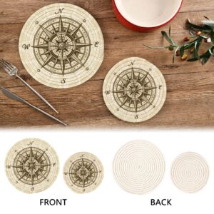 Round Woven Placemats Cotton Trivets Pot Holders 2 Pcs Set for Hot Dishes Hot Pots Pans, Vintage Nautical Compass Rose Kitchen Placemats Coasters Potholders Set Hot Pads Table Mats