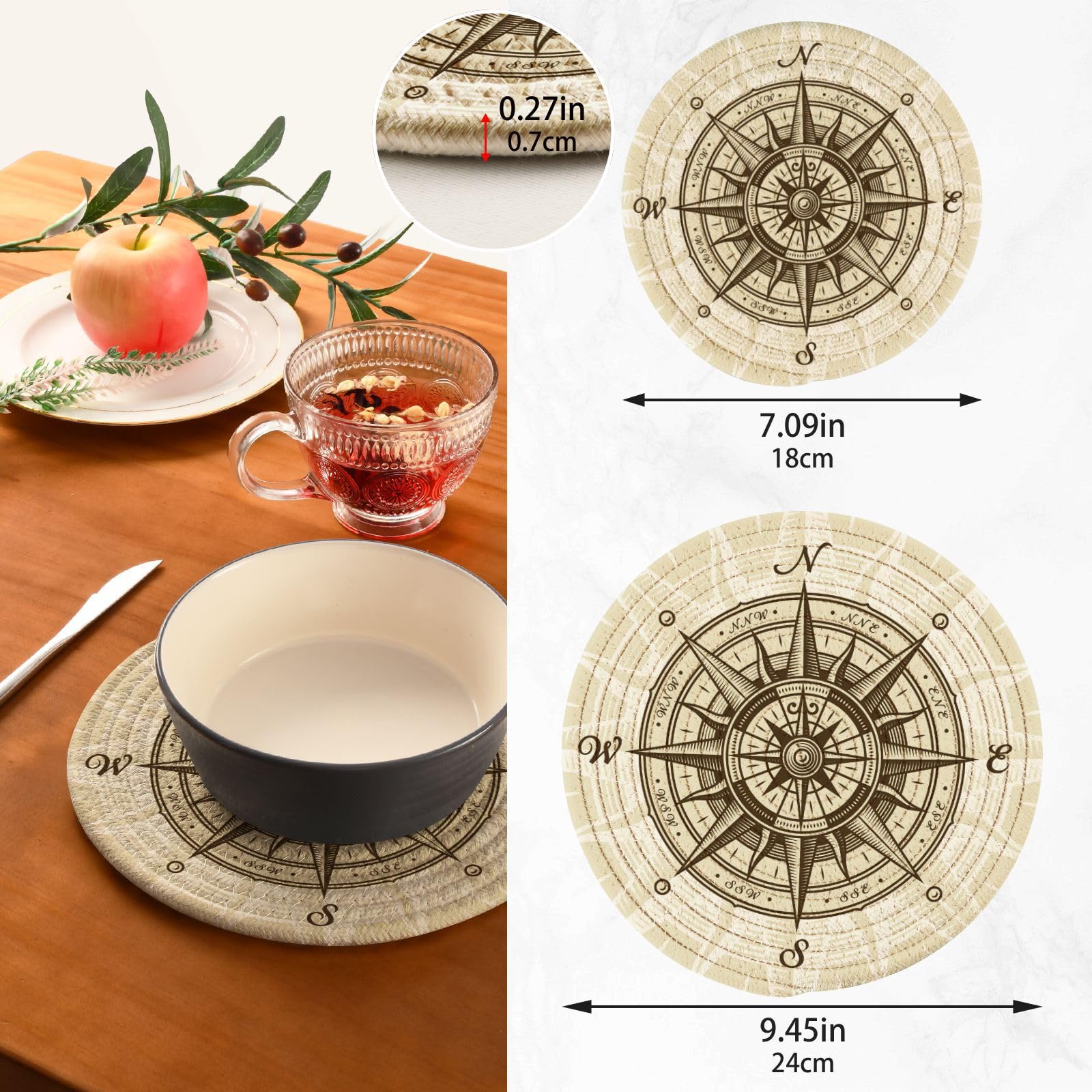 Round Woven Placemats Cotton Trivets Pot Holders 2 Pcs Set for Hot Dishes Hot Pots Pans, Vintage Nautical Compass Rose Kitchen Placemats Coasters Potholders Set Hot Pads Table Mats