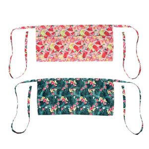 plum hill tropical waist apron set - waitress server aprons - 3 pockets; cute half apron for bartender, restaurant, coffee shop, teachers - floral and watermelon drinks