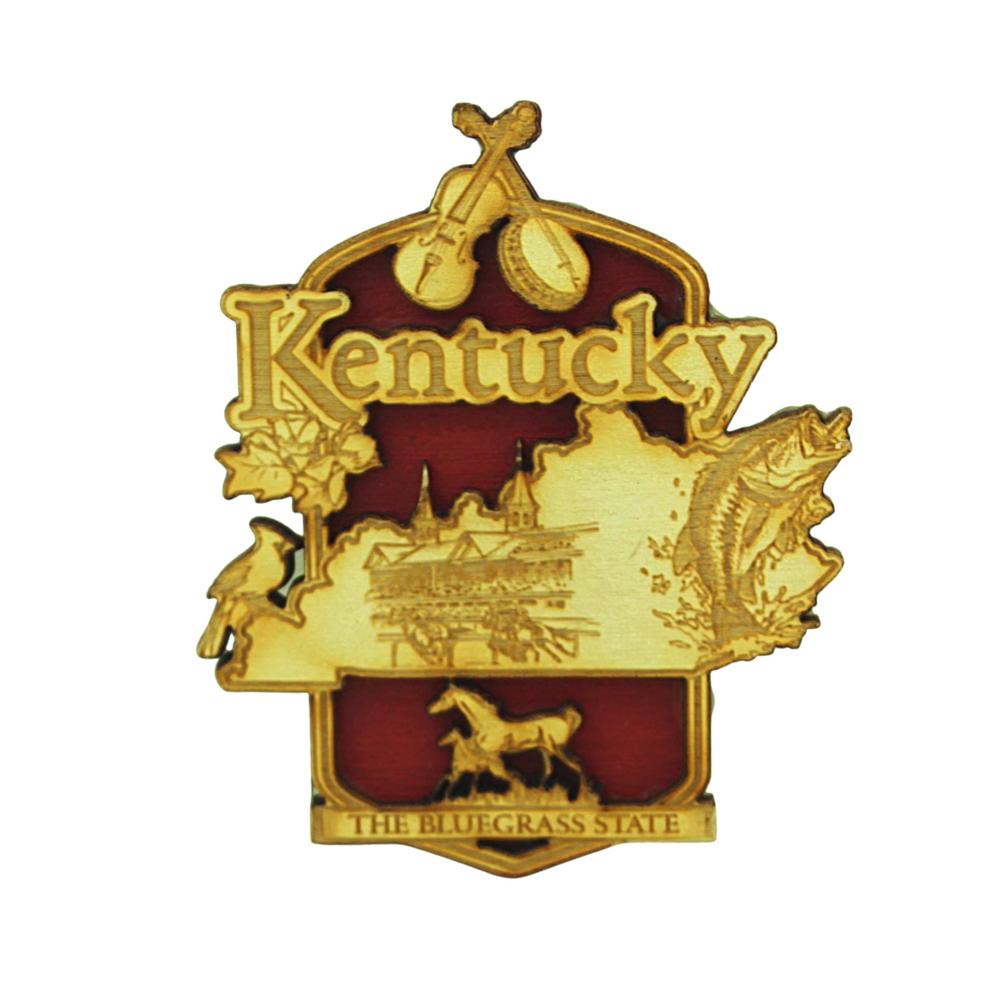 Wood Carved State Souvenir Magnet for Fridge or Whiteboard, Kentucky The Bluegrass State, 3.25 Inches