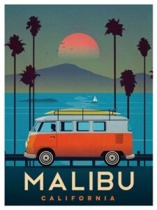 magnet 3x4 inch vintage art malibu vw bus sticker - surf california ca old beach travel magnetic vinyl bumper sticker sticks to any metal fridge, car, signs