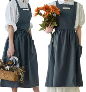 enn&eezy pinafore aprons for women with pockets japanese cross back linen apron for kitchen cooking, gardening, painting, baking green