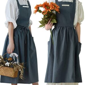 ENN&EEZY Pinafore Aprons for Women with Pockets Japanese Cross Back Linen Apron for Kitchen Cooking, Gardening, Painting, Baking Green