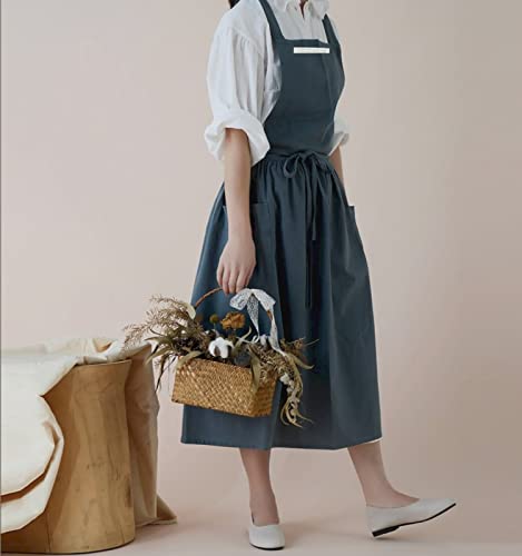 ENN&EEZY Pinafore Aprons for Women with Pockets Japanese Cross Back Linen Apron for Kitchen Cooking, Gardening, Painting, Baking Green