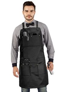 under ny sky barber black apron - leather straps, pockets, reinforcements - crossback - coated black twill, tool pockets, split-leg – adjustable for men, women – barista, bartender, hairstylist, salon