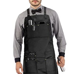 Under NY Sky Barber Black Apron - Leather Straps, Pockets, Reinforcements - Crossback - Coated Black Twill, Tool Pockets, Split-Leg – Adjustable for Men, Women – Barista, Bartender, Hairstylist, Salon