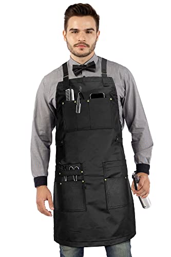 Under NY Sky Barber Black Apron - Leather Straps, Pockets, Reinforcements - Crossback - Coated Black Twill, Tool Pockets, Split-Leg – Adjustable for Men, Women – Barista, Bartender, Hairstylist, Salon