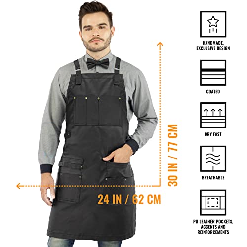 Under NY Sky Barber Black Apron - Leather Straps, Pockets, Reinforcements - Crossback - Coated Black Twill, Tool Pockets, Split-Leg – Adjustable for Men, Women – Barista, Bartender, Hairstylist, Salon