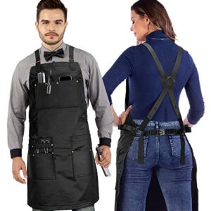 Under NY Sky Barber Black Apron - Leather Straps, Pockets, Reinforcements - Crossback - Coated Black Twill, Tool Pockets, Split-Leg – Adjustable for Men, Women – Barista, Bartender, Hairstylist, Salon