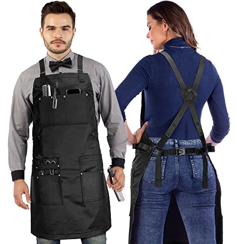 Under NY Sky Barber Black Apron - Leather Straps, Pockets, Reinforcements - Crossback - Coated Black Twill, Tool Pockets, Split-Leg – Adjustable for Men, Women – Barista, Bartender, Hairstylist, Salon