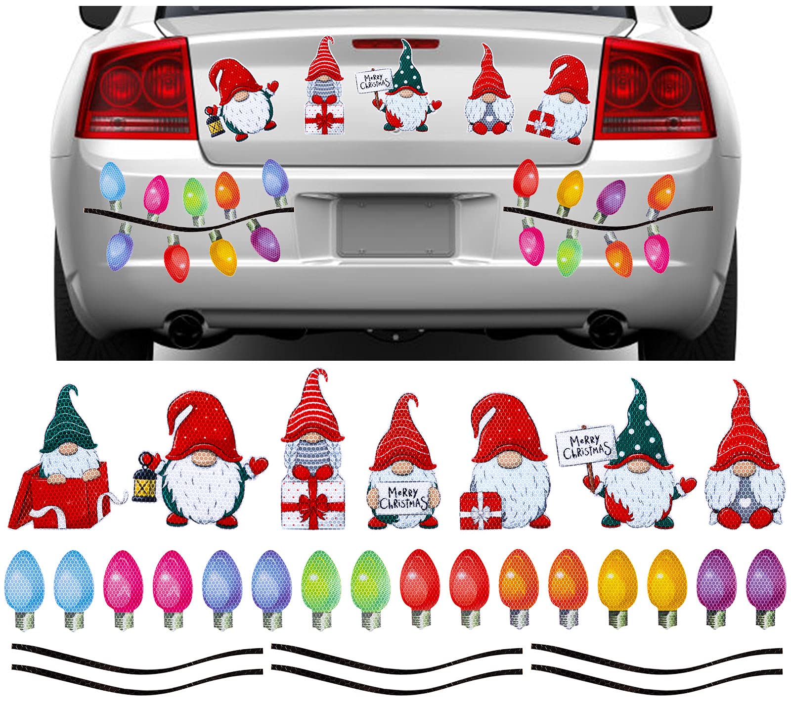 Whaline 29Pcs Christmas Reflective Car Magnets Set Colorful Bulb Light Magnets with Lines 7 Design Christmas Gnomes Refrigerator Garage Magnet Decals for Xmas Mailbox (Not for Aluminum Alloy Vehicle)