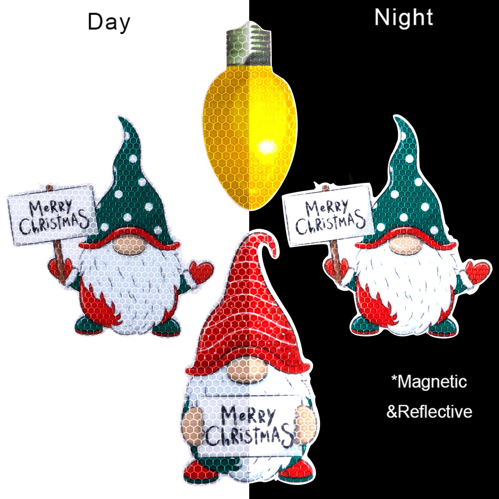 Whaline 29Pcs Christmas Reflective Car Magnets Set Colorful Bulb Light Magnets with Lines 7 Design Christmas Gnomes Refrigerator Garage Magnet Decals for Xmas Mailbox (Not for Aluminum Alloy Vehicle)