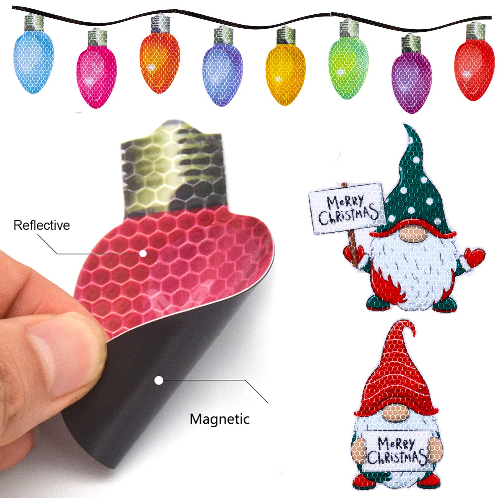 Whaline 29Pcs Christmas Reflective Car Magnets Set Colorful Bulb Light Magnets with Lines 7 Design Christmas Gnomes Refrigerator Garage Magnet Decals for Xmas Mailbox (Not for Aluminum Alloy Vehicle)