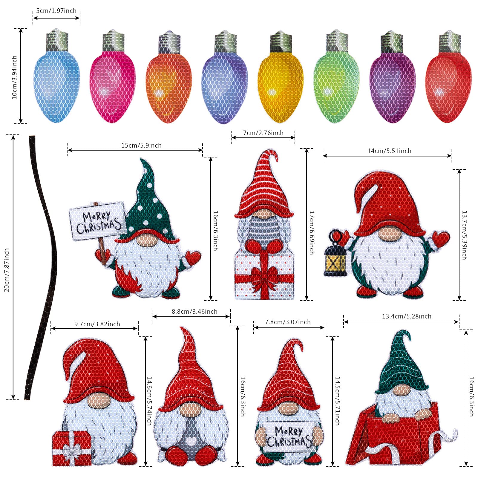 Whaline 29Pcs Christmas Reflective Car Magnets Set Colorful Bulb Light Magnets with Lines 7 Design Christmas Gnomes Refrigerator Garage Magnet Decals for Xmas Mailbox (Not for Aluminum Alloy Vehicle)