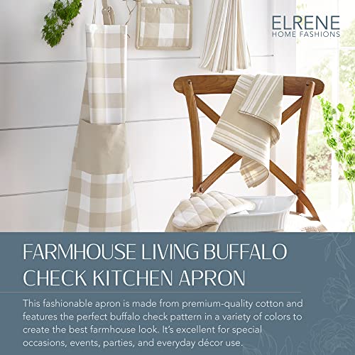 Elrene Home Fashions unisex adult Onesize Buffalo Check Apron with Pocket, Tan/White, 28 x33 Apron US