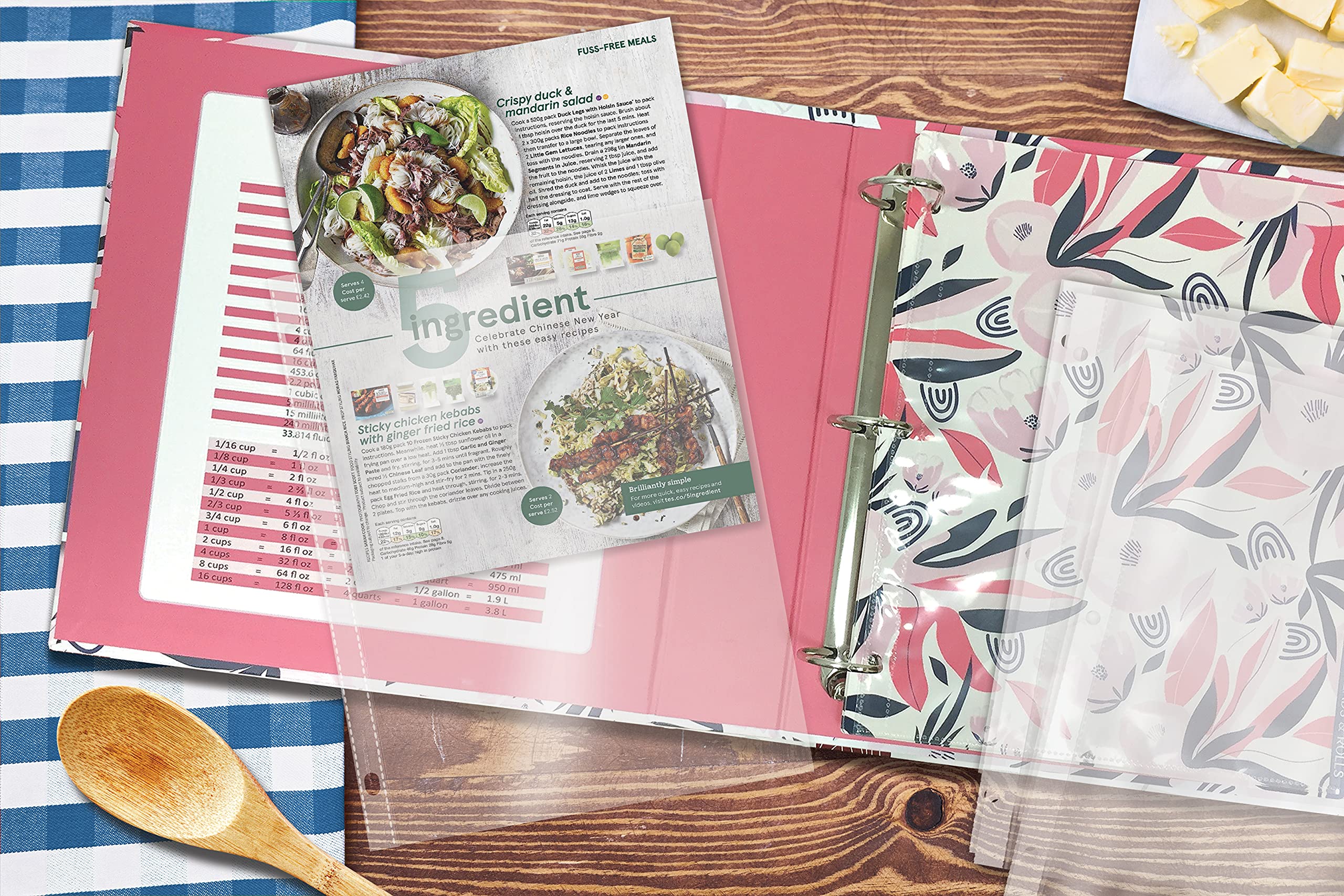 Better Kitchen Products Recipe Binder, Full Page 3 Ring Standard Binder Organizer Set (with 50 Page Protectors & 12 Category Divider Tabs) 11.5" x 12" Floral Design