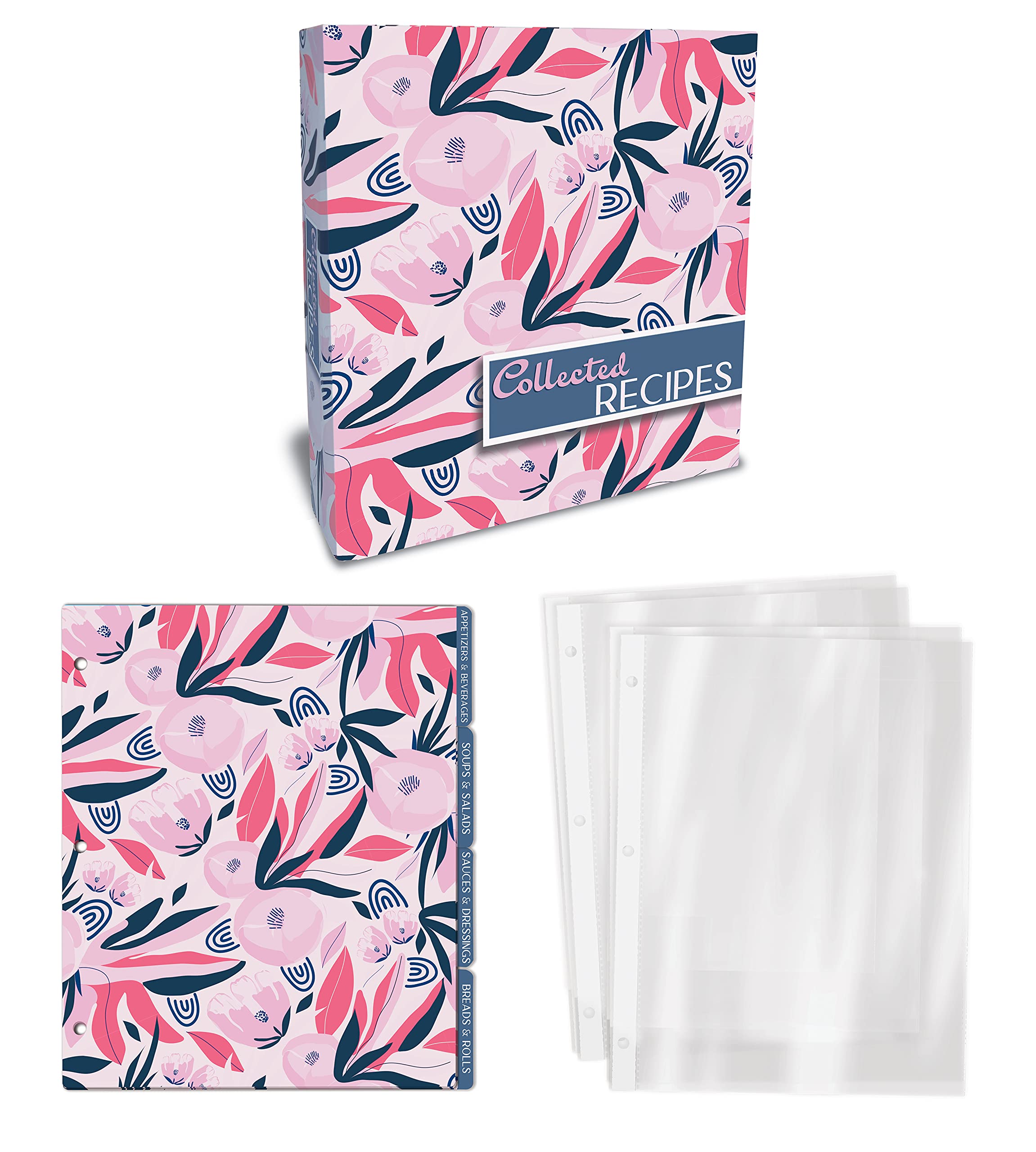 Better Kitchen Products Recipe Binder, Full Page 3 Ring Standard Binder Organizer Set (with 50 Page Protectors & 12 Category Divider Tabs) 11.5" x 12" Floral Design