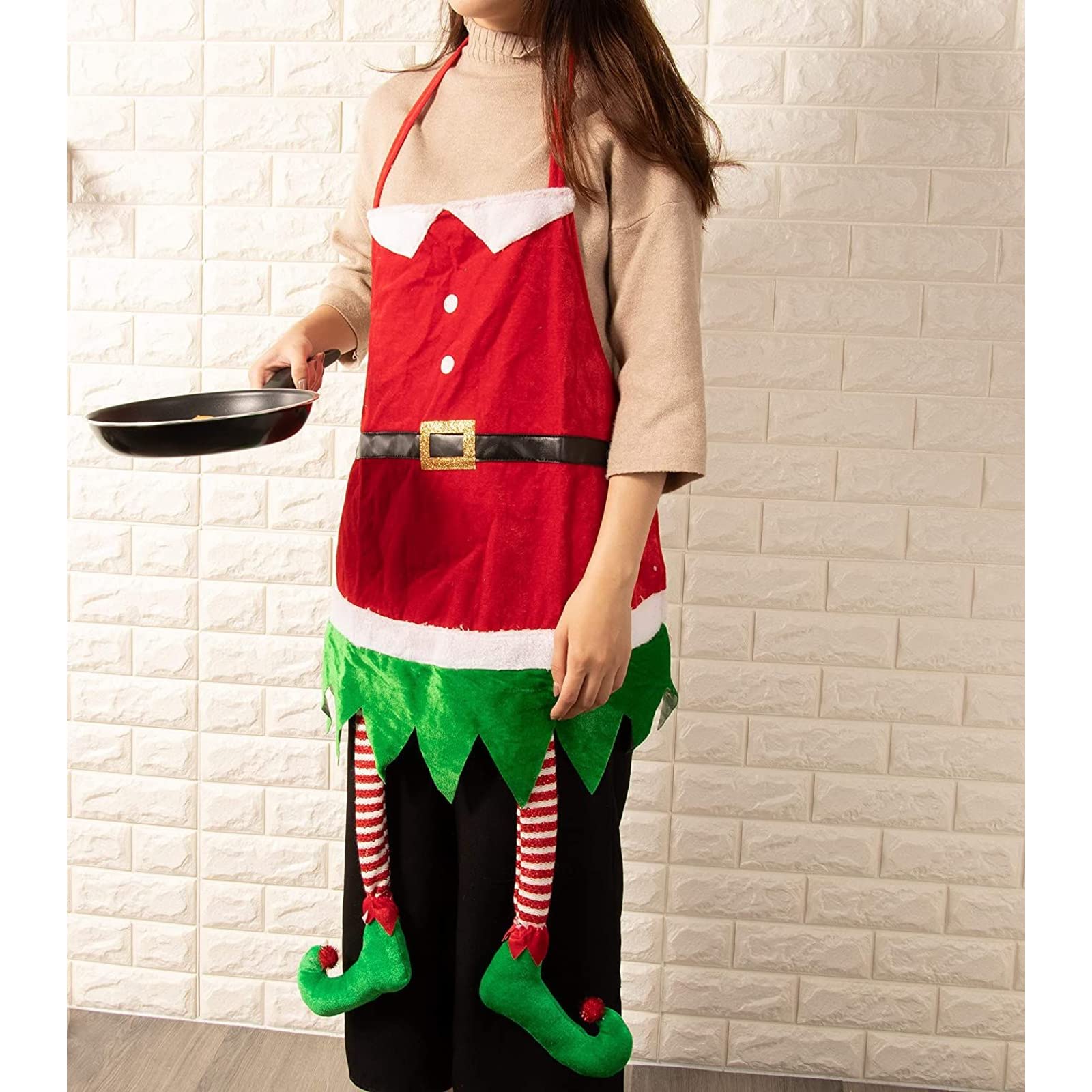 Juvale Elf Christmas Apron with Hanging Legs, Holiday Novelty Gift (35 x 23 In)