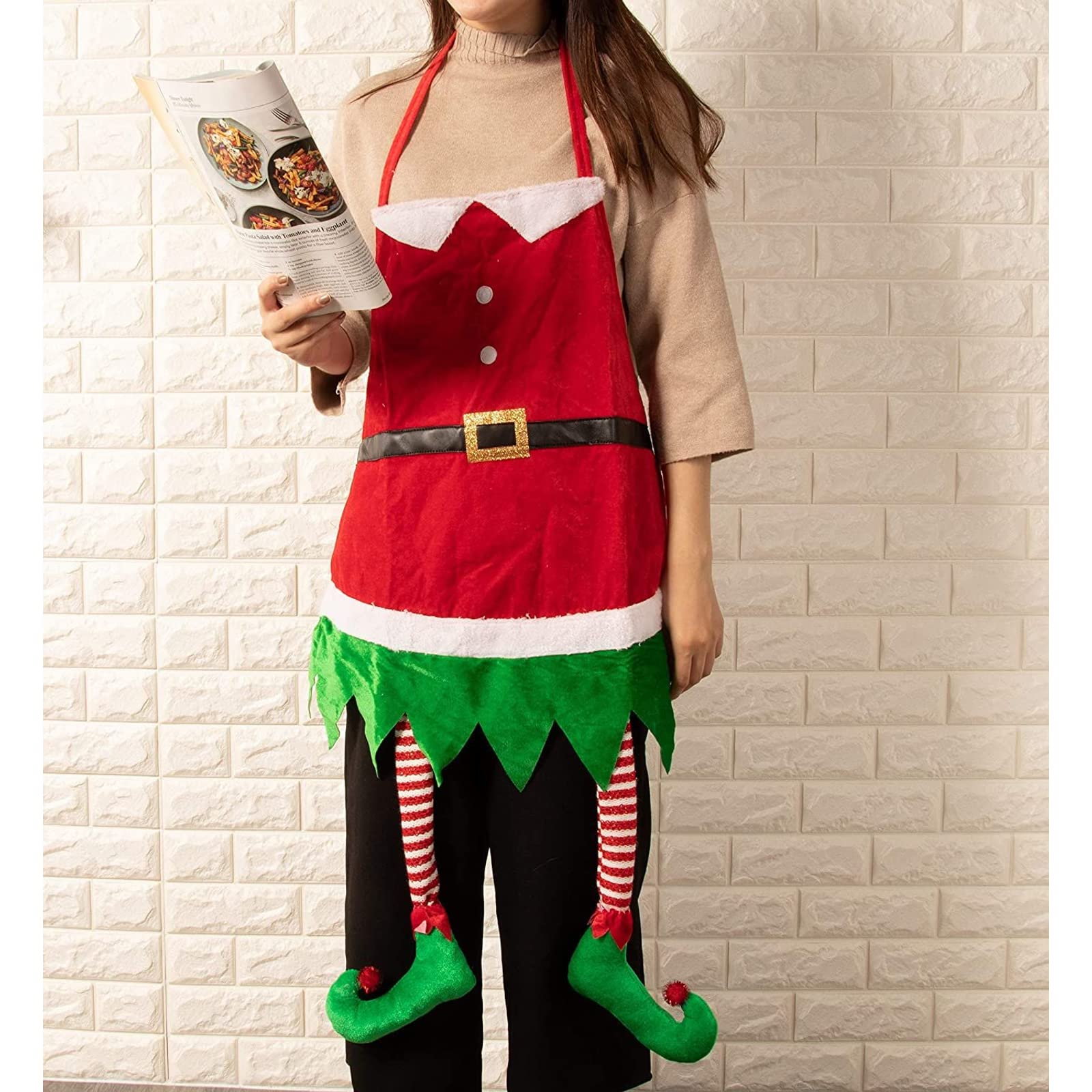 Juvale Elf Christmas Apron with Hanging Legs, Holiday Novelty Gift (35 x 23 In)