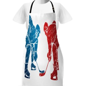 Lunarable Sport Apron, Hockey Players Hobby Activity Themed Athletes Game Win Champion Olympics Illustration, Unisex Kitchen Bib with Adjustable Neck for Cooking Gardening, Adult Size, Blue Red