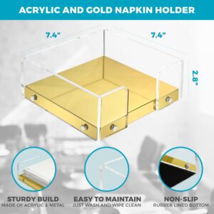 Modern Napkin Holder for Kitchen, Sitting Napkin Holder for Tables, Clear Acrylic and Steel Base Kitchen & Dining Room Décor (Gold)