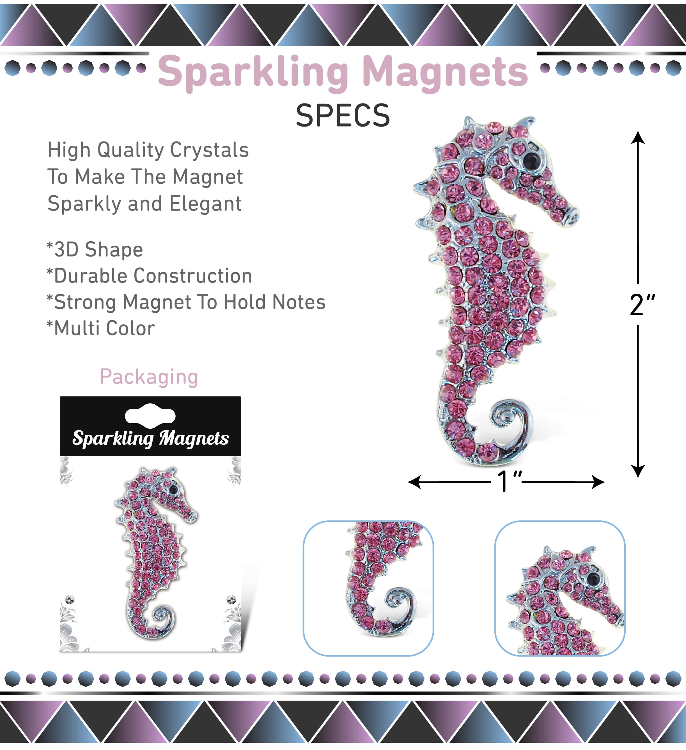 COTA Global Seahorse Sparkling Refrigerator Magnet - Pink & Silver Sparkling Rhinestones Crystals, Cute Sparkly Ocean Animal Magnet for Kitchen Door Fridge, Cool Home & Office Novelty Decor - 2 Inch