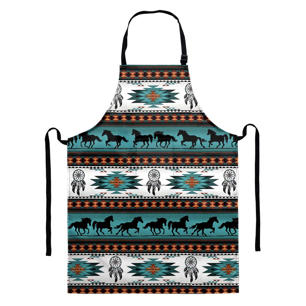 ZFRXIGN Boho Tribal Ethnic Horse Apron Turquoise Women Cooking Kitchen Aprons with Pocket for Phone Holder Adjustable Bib Apron Organizer Plus Size