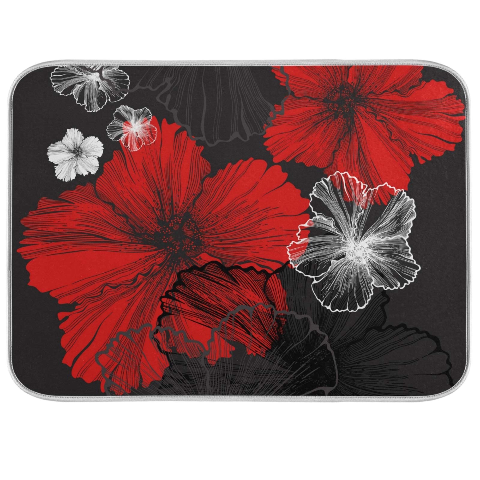 Red Black Poppy Floral 16X 18 Inch Dish Drying Mat,Absorbent,Microfiber,Machine Washable Dishes Drainer/Rack for Countertop Fast Drying, Heat-resistant and ECO Friendly,16X18 Inch