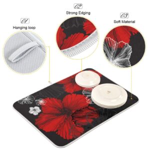 Red Black Poppy Floral 16X 18 Inch Dish Drying Mat,Absorbent,Microfiber,Machine Washable Dishes Drainer/Rack for Countertop Fast Drying, Heat-resistant and ECO Friendly,16X18 Inch