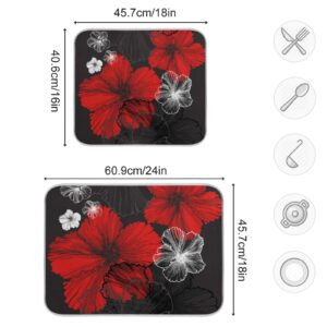 Red Black Poppy Floral 16X 18 Inch Dish Drying Mat,Absorbent,Microfiber,Machine Washable Dishes Drainer/Rack for Countertop Fast Drying, Heat-resistant and ECO Friendly,16X18 Inch