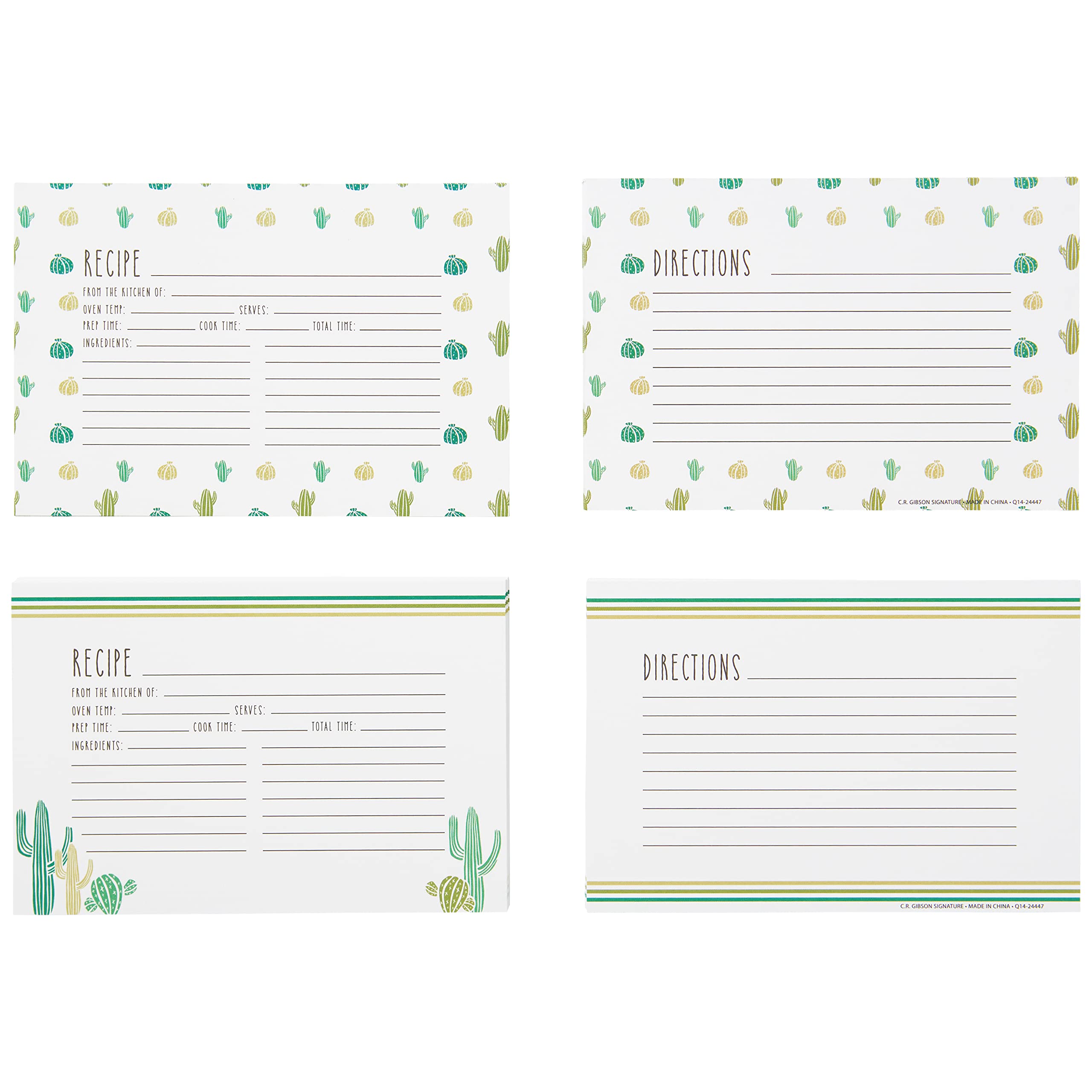 C.R. Gibson Cacti Double Sided Recipe Card Set, 4" W x 6" L, Multicolor