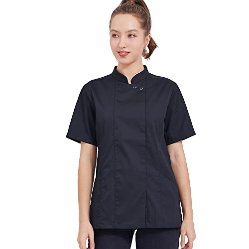 Women's Snap Buttons Chef Coat Short Sleeves Chef Jacket Hotel Restaurant Lightweight Chef Uniform - Black