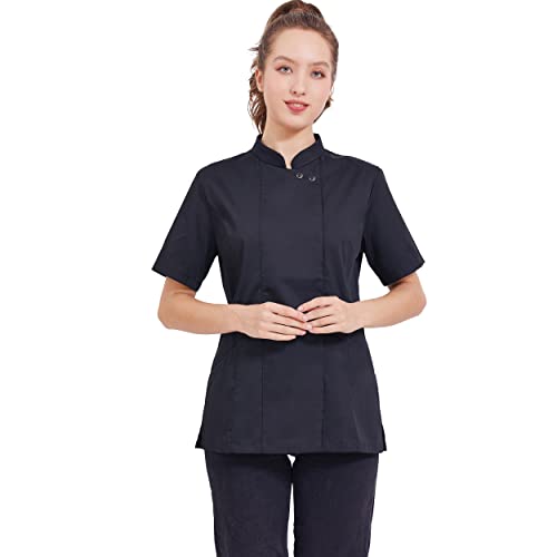 Women's Snap Buttons Chef Coat Short Sleeves Chef Jacket Hotel Restaurant Lightweight Chef Uniform - Black